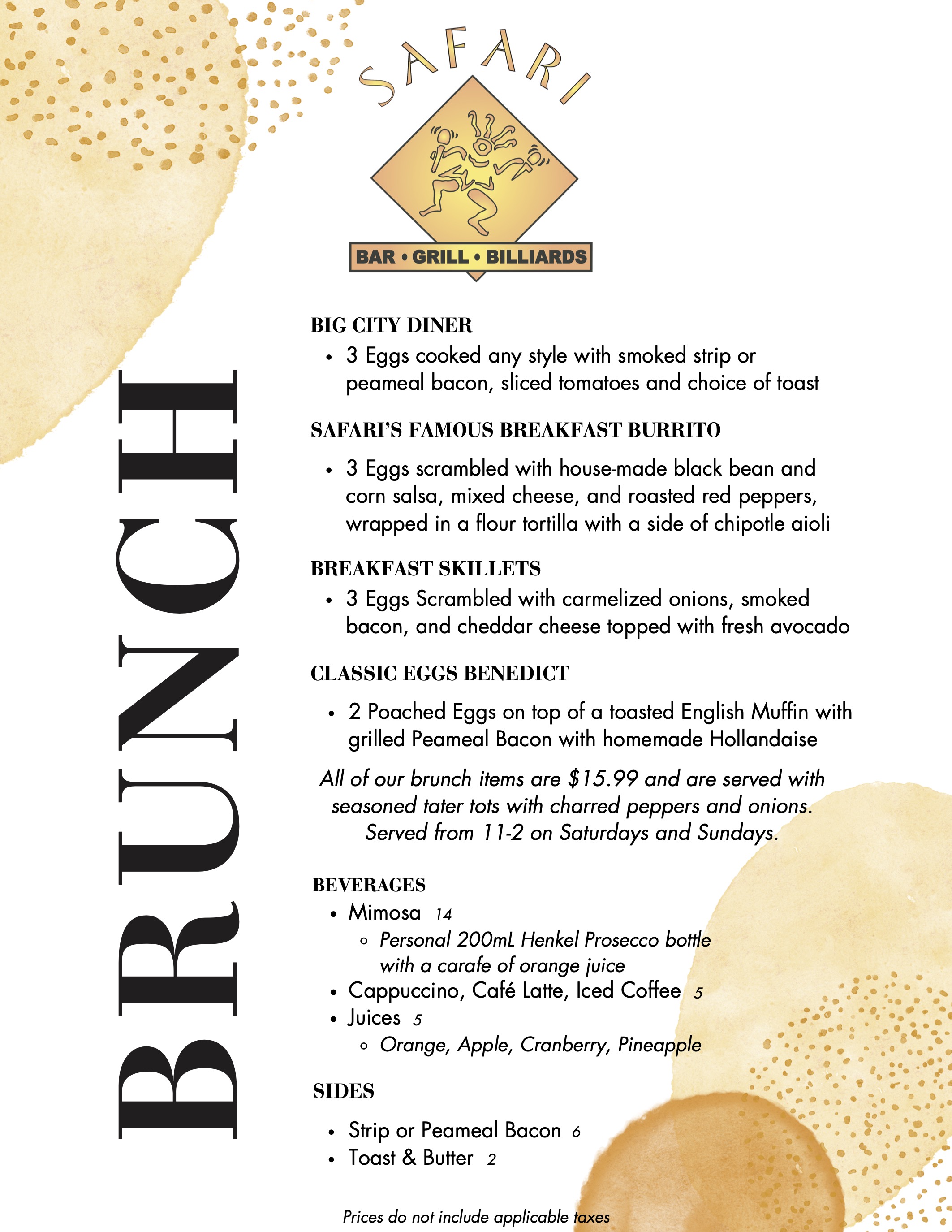 Saturday & Sunday Brunch | Menus | Safari Bar and Grill | Toronto, ON ...